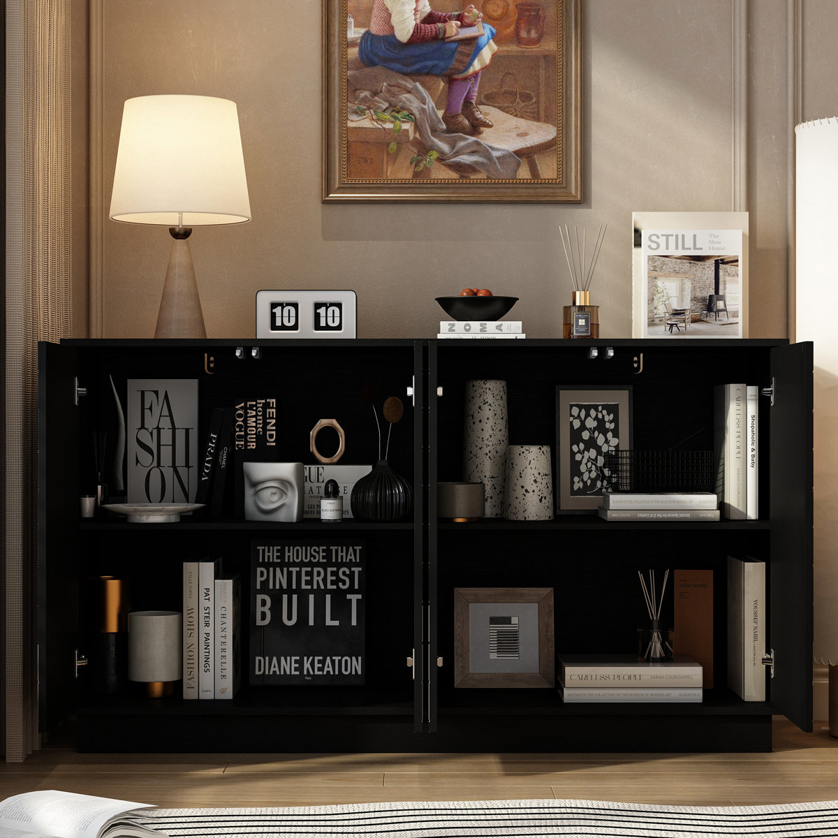 Ebern Designs Modern Wave-Pattern Black Sideboard With Spacious Storage And Anti-Tipping Design ...